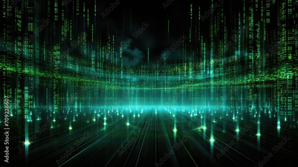 Digital Matrix: Futuristic Digital Matrix Background with Glowing Green Binary Code, Black ...