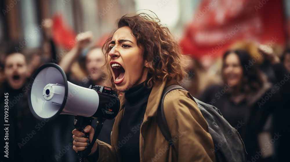 Female activist angry shouting for her cause among people demonstration ...