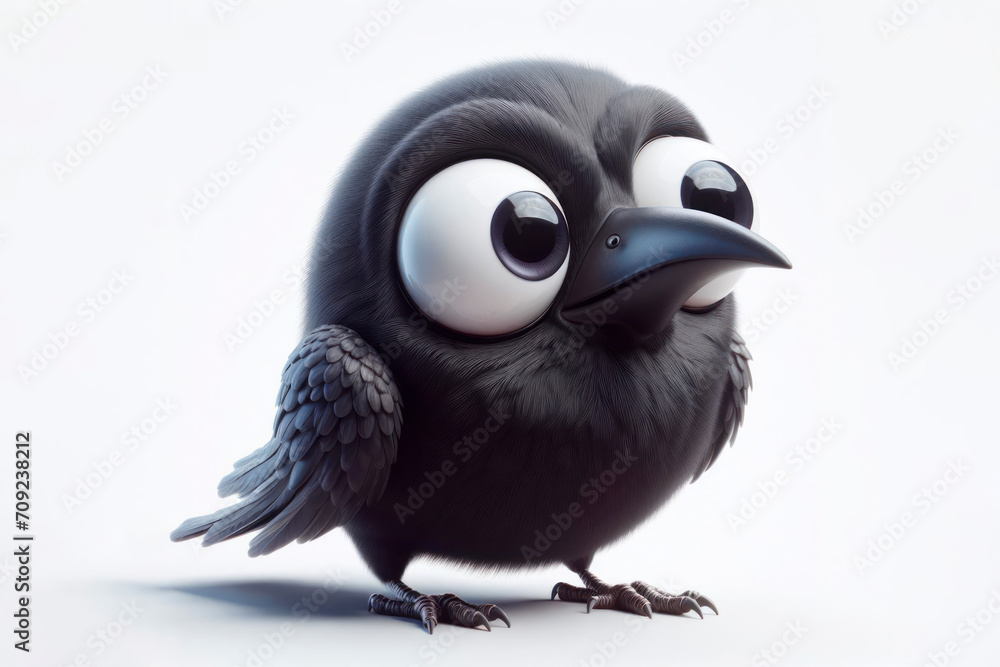 full body Funny Portrait of surprised black Crow with bulging big eyes ...