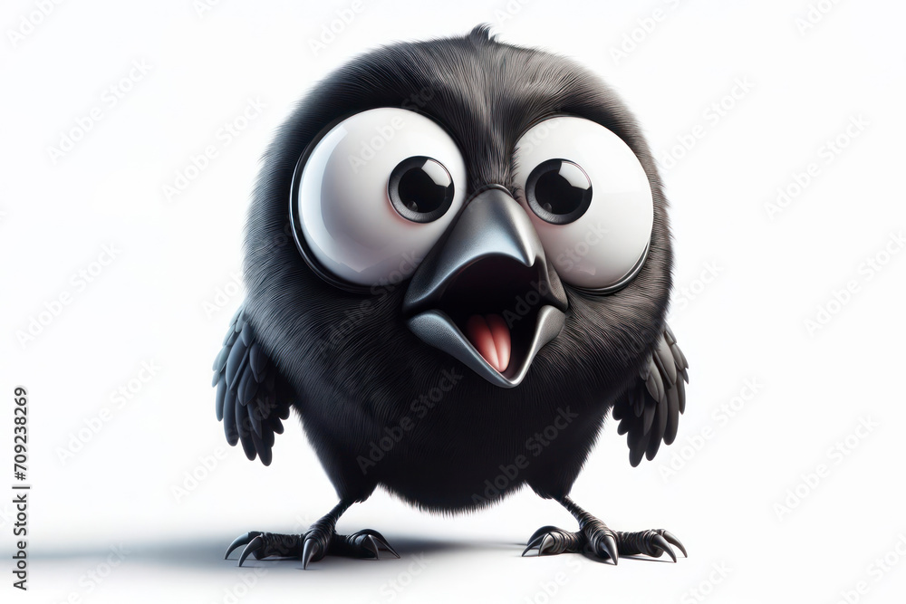 full body Funny Portrait of surprised black Crow with bulging big eyes ...