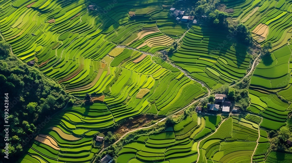 light plays off the emerald rice terraces, creating depth and texture ...