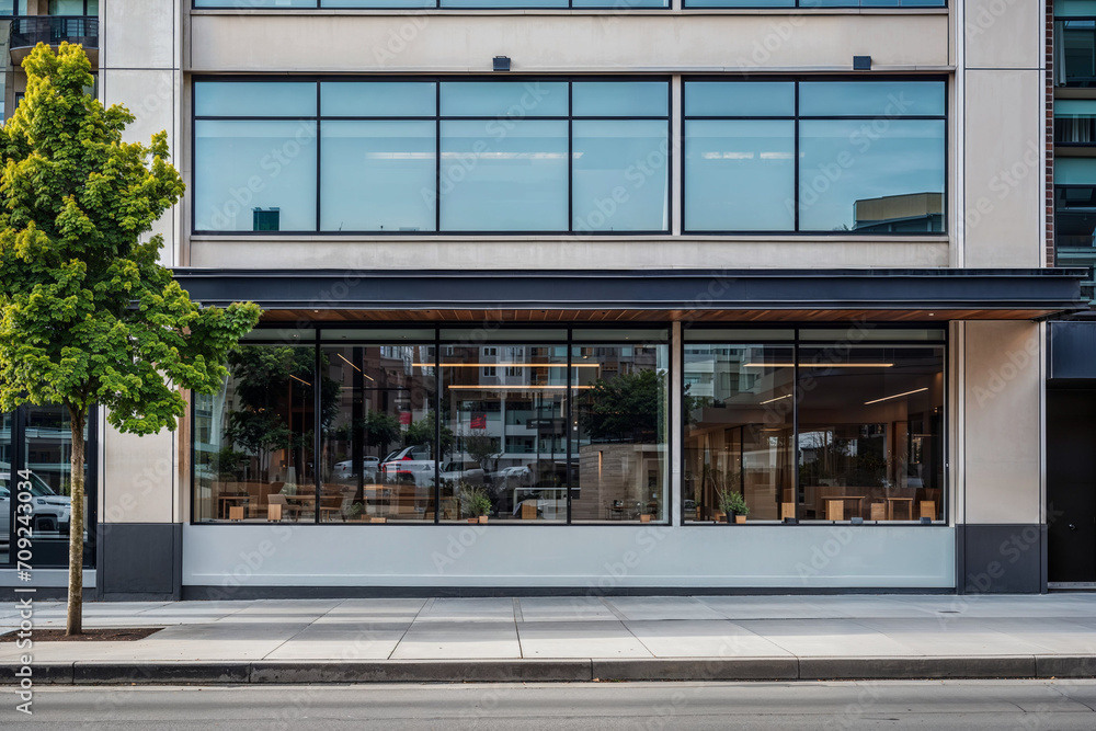 Sleek cafe exterior with transparent glass windows, offering a glimpse ...
