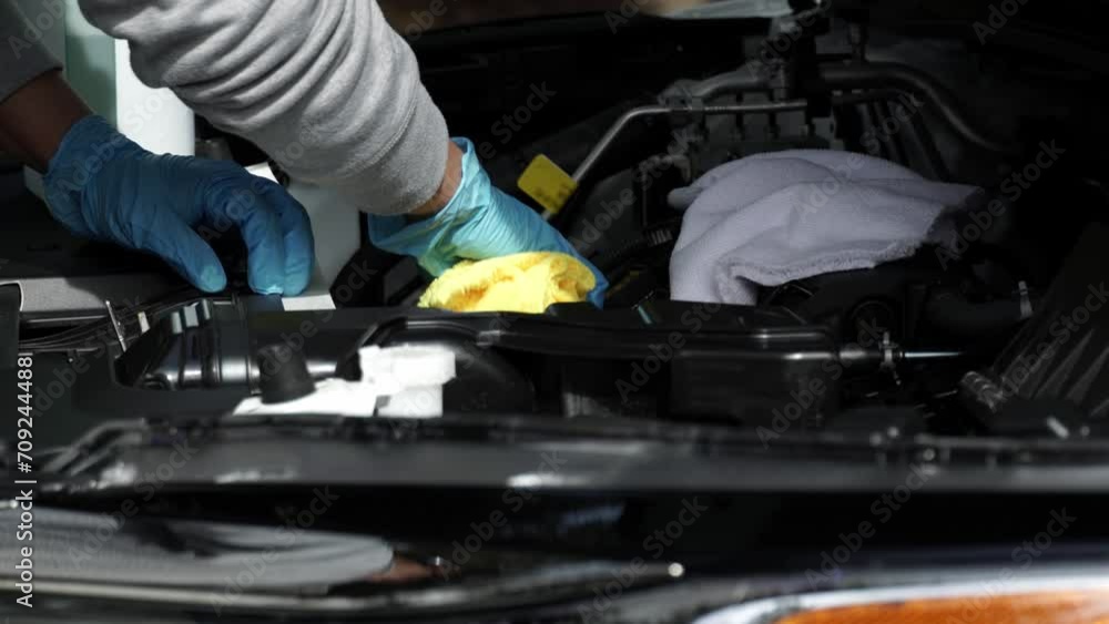 Car cleaning and car wash from road dust. Interior engine compartment ...