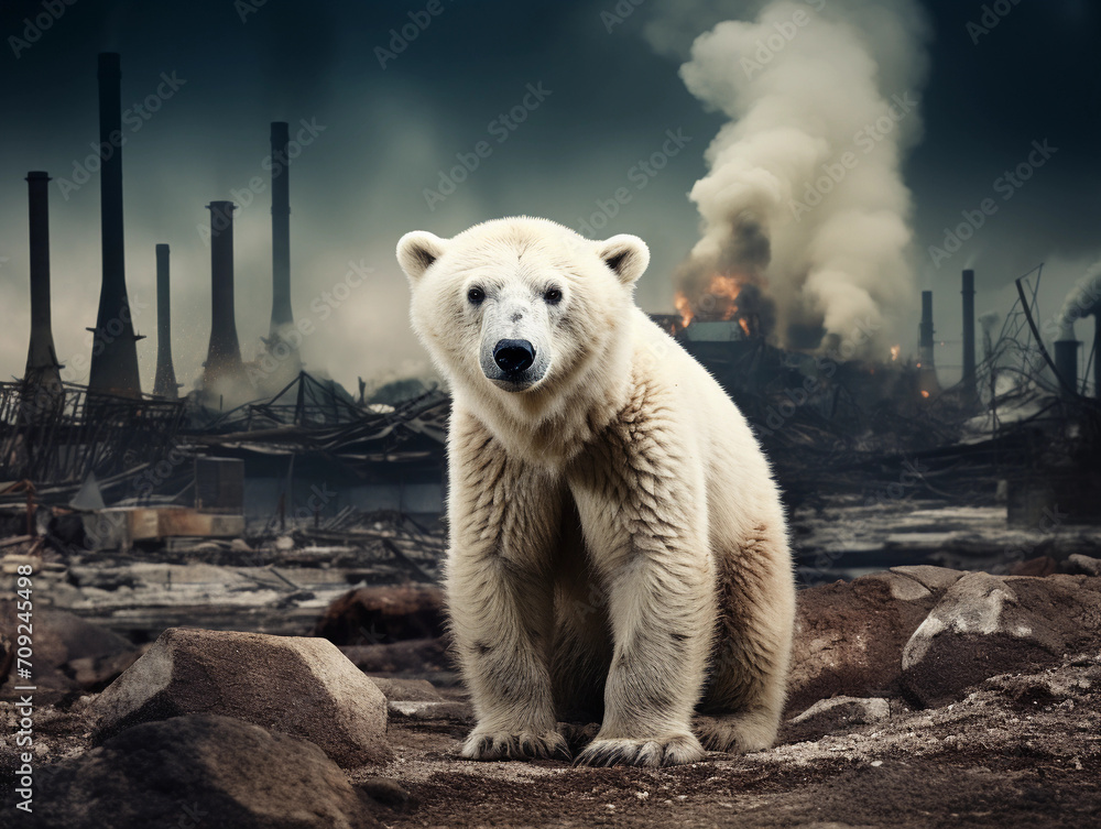 Polar bear standing front of pollution from factories background ...