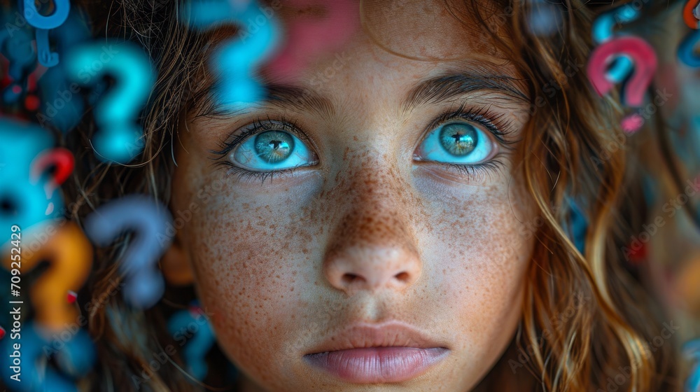 Close-up of a child's inquisitive eye looking through colorful floating ...