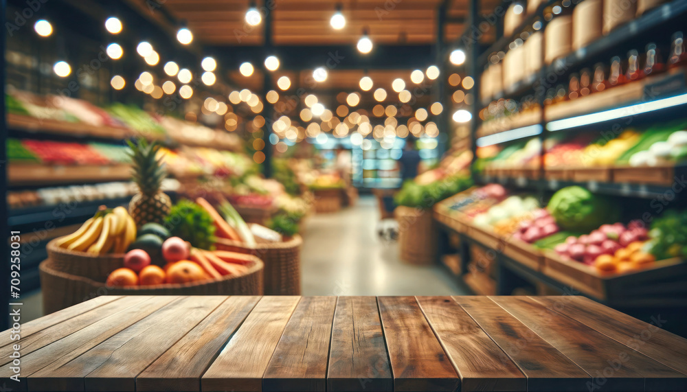 empty wooden table with beautiful grocery store background Stock ...
