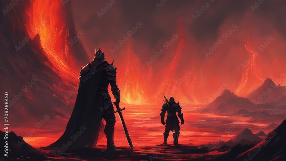 person at sunset Knight with a sword facing the lava demon in hell ...