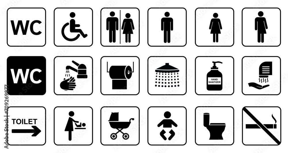 Toilet icons set, toilet signs, WC signs collection, male female ...