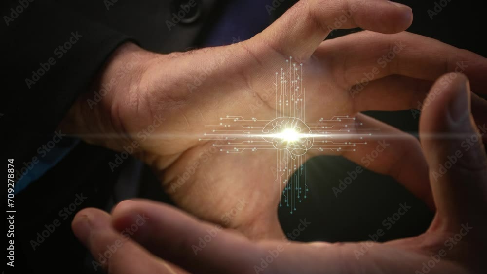 CG. In the hands illuminated inside, a digital microchip with a human ...