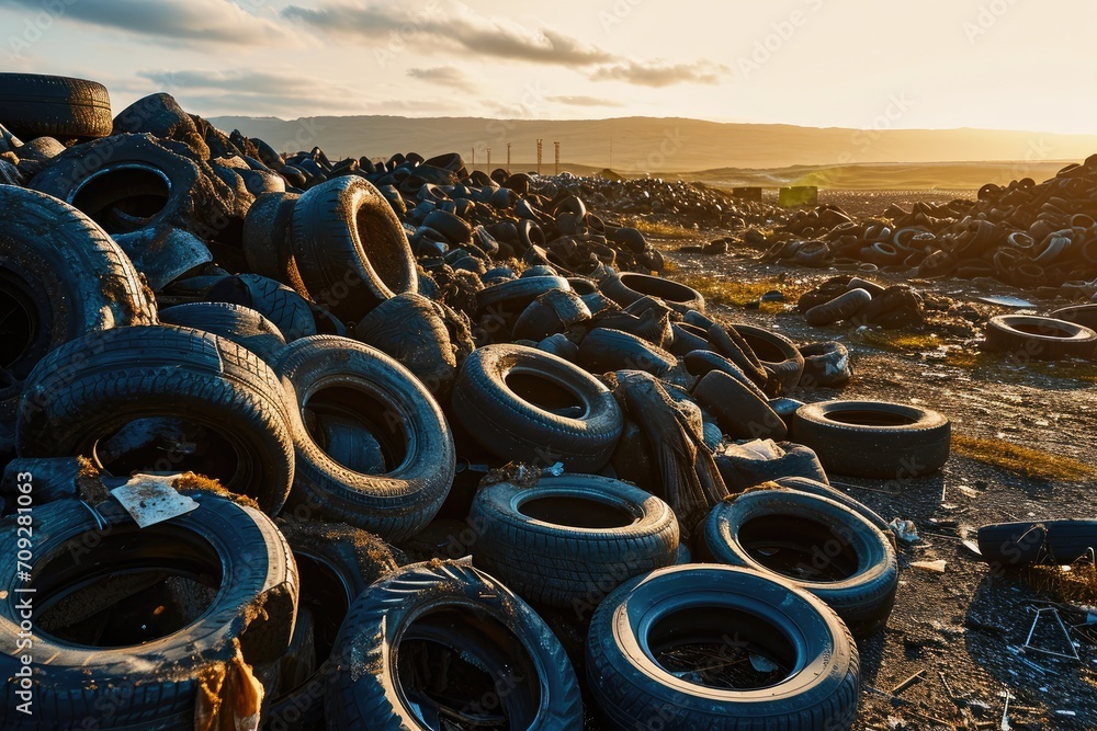 Foto de A landfill full of used wheel tires. Dumped tires for recycling ...