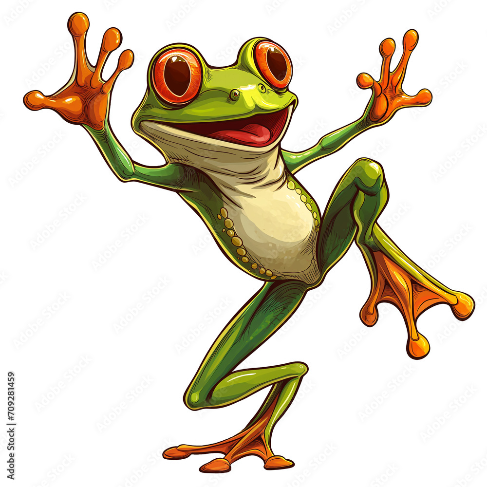 grüner lustiger Frosch in freudiger tanzender Pose auf einem Bein ...