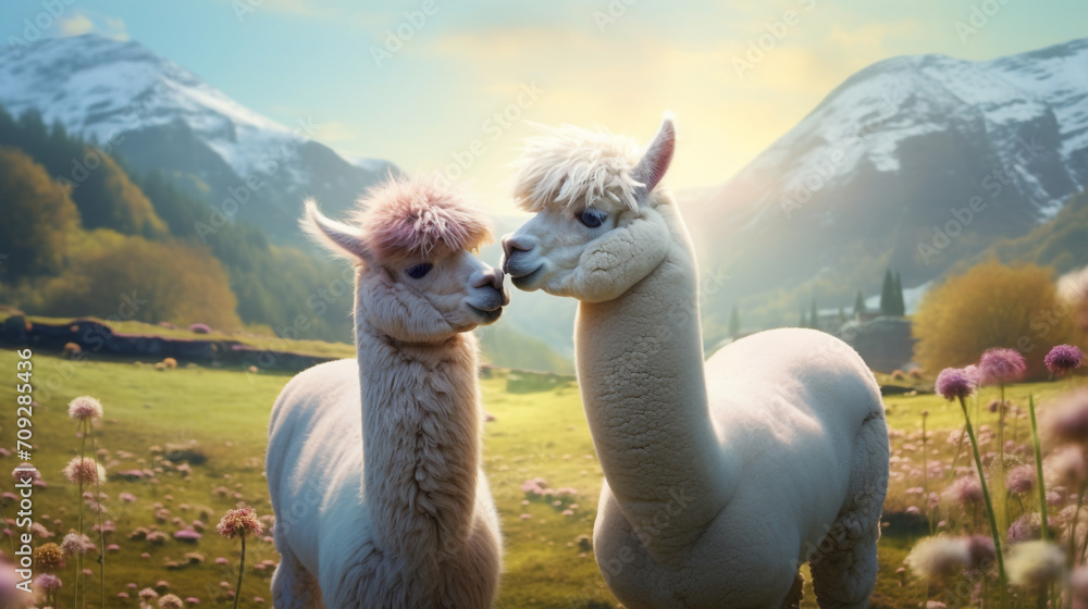 Hyper realistic two super cute alpacas in love, kissing, green field ...