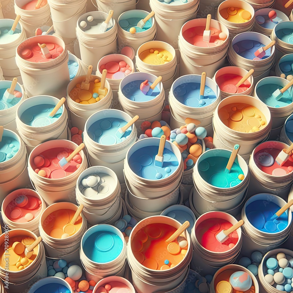 Open plastic buckets with an array of colorful paint. 3D background ...