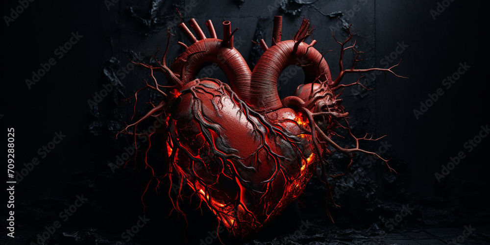 3D human heart illustration art realistic render, Human heart on dark ...