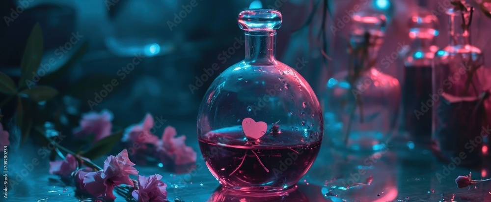 Heart-Shaped Love Potion Bottle on magic Background. A bewitching love ...