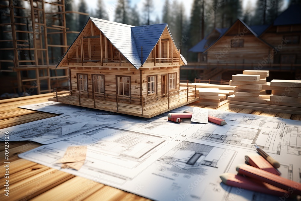 House construction on blueprints - building project. symbol of progress ...