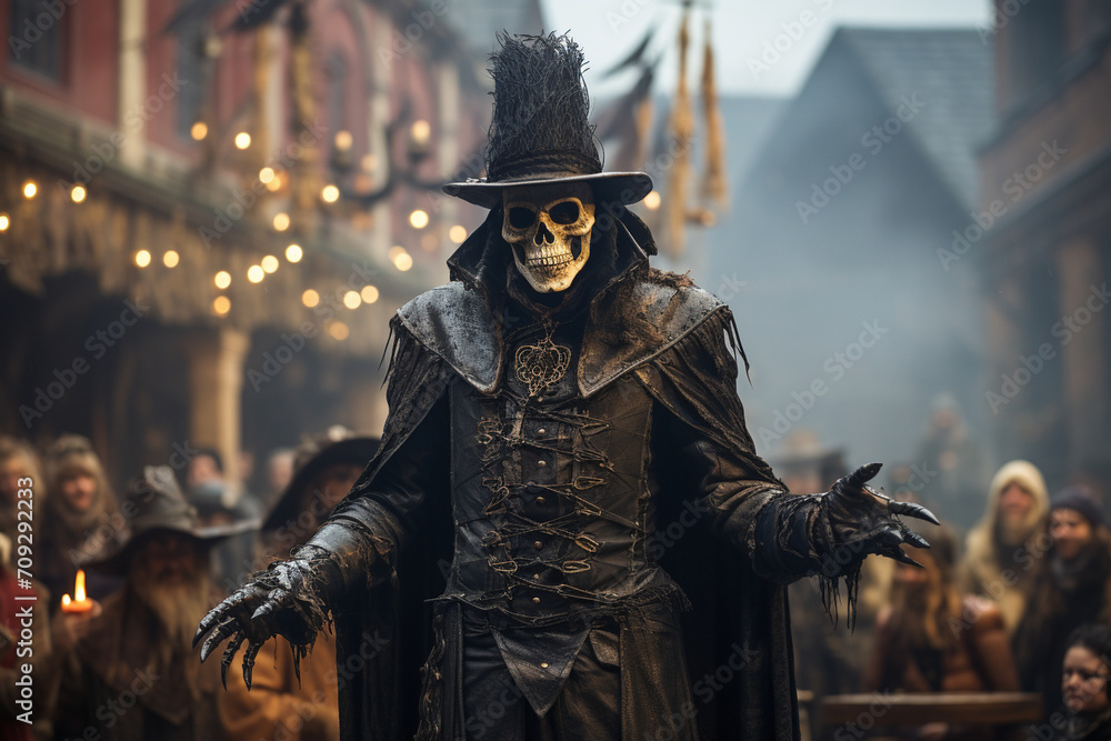 A medieval executioner conducting a theatrical display in a town square ...