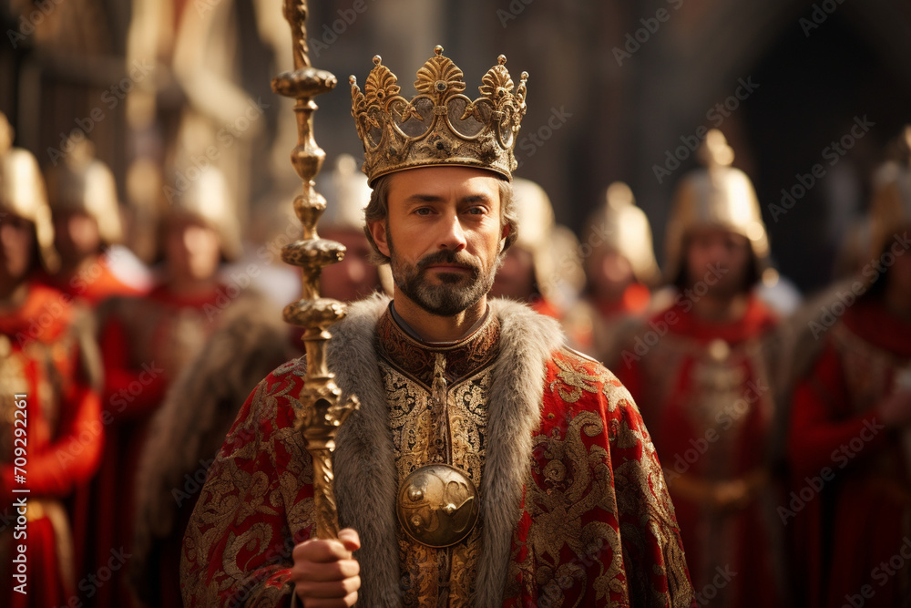 A medieval herald announcing the arrival of a noble procession, adorned ...