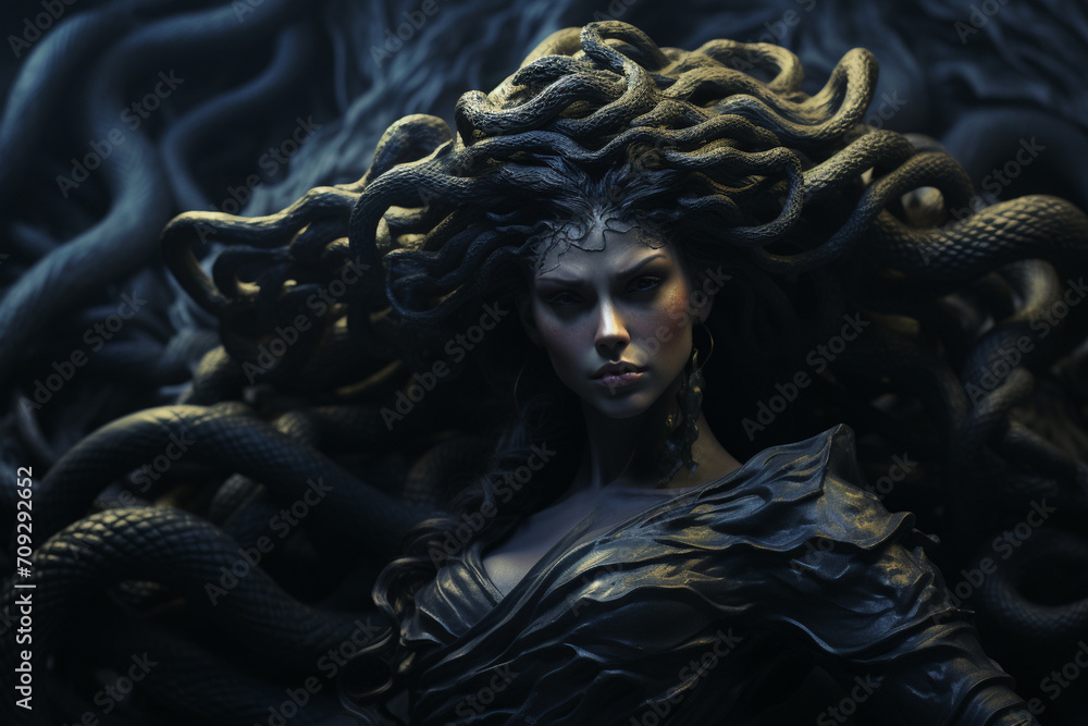 The mythical Gorgon Medusa, captured in a dramatic and visually intense ...