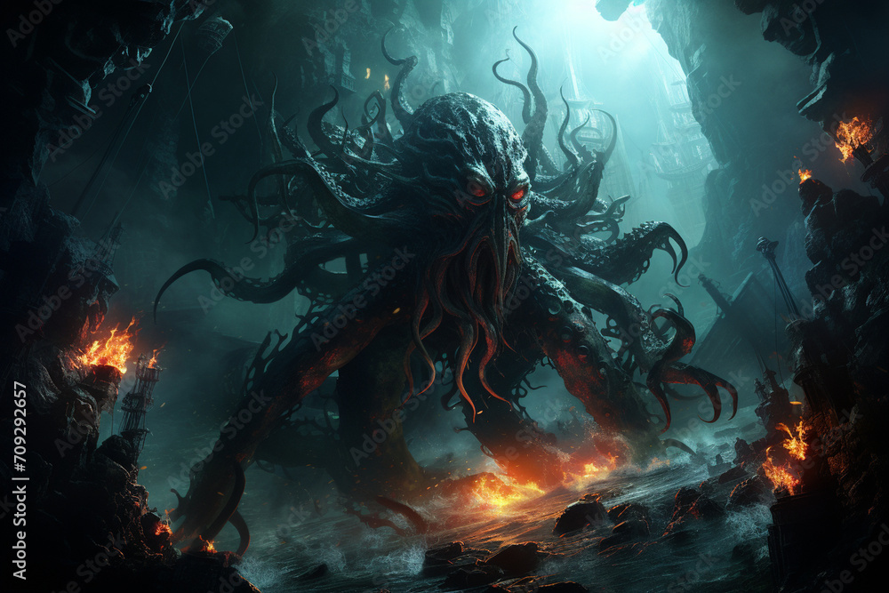 The mythical Kraken, a colossal sea monster with massive tentacles ...