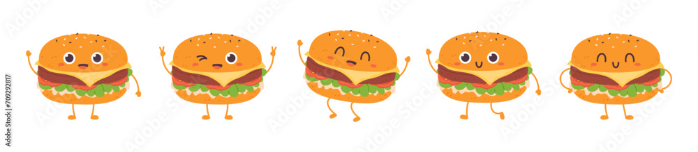 Cute burgers different poses and emotions. Isolated kawaii burger happy ...