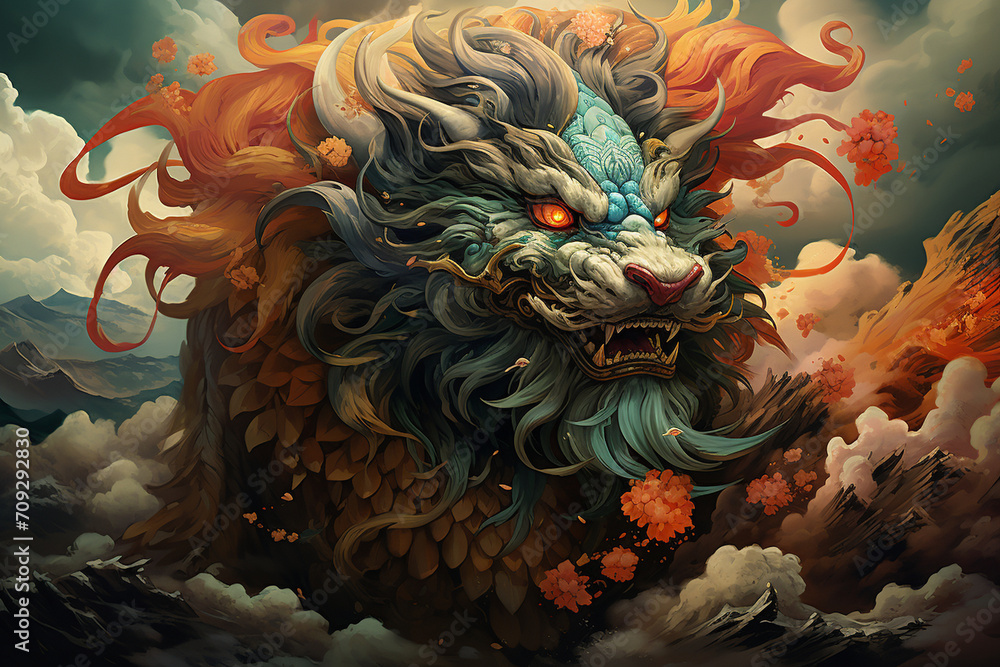 The legendary and fierce Qilin from Chinese mythology, portrayed in a ...