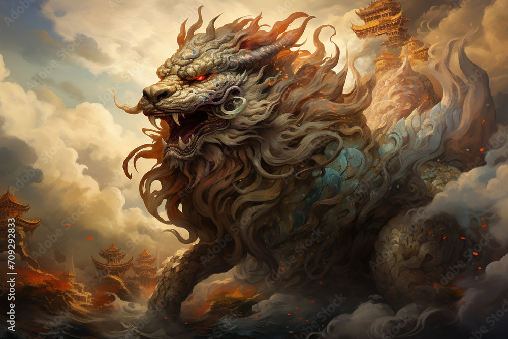 The legendary and fierce Qilin from Chinese mythology, portrayed in a ...