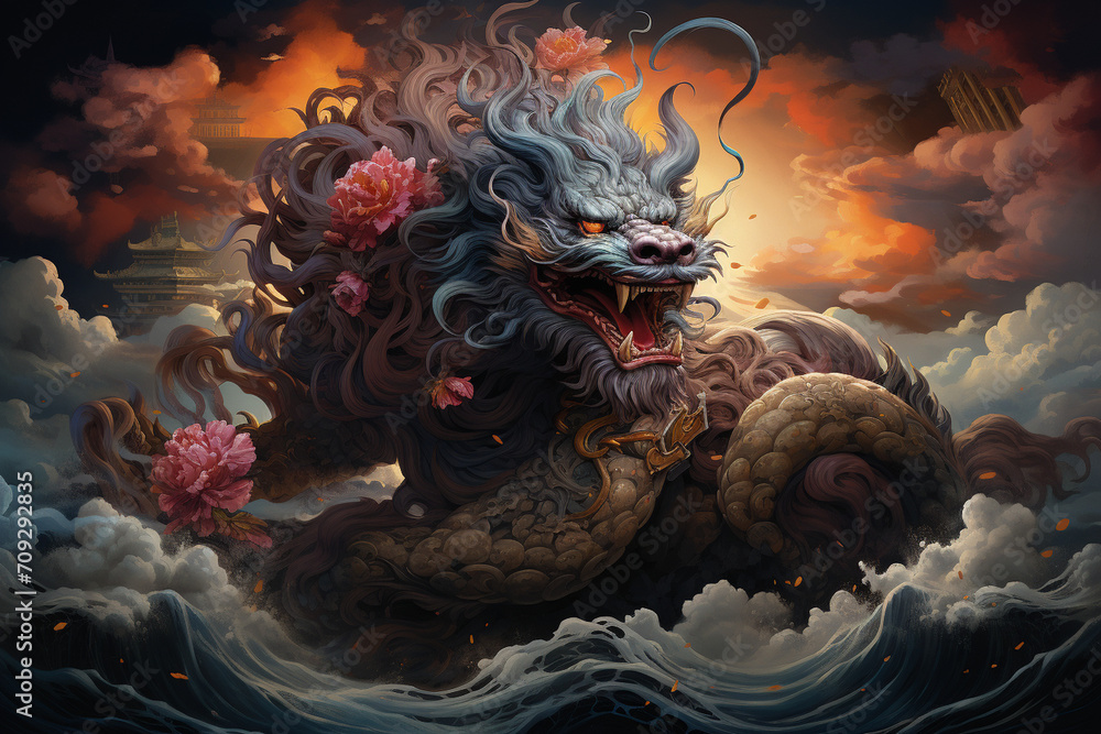 The legendary and fierce Qilin from Chinese mythology, portrayed in a ...
