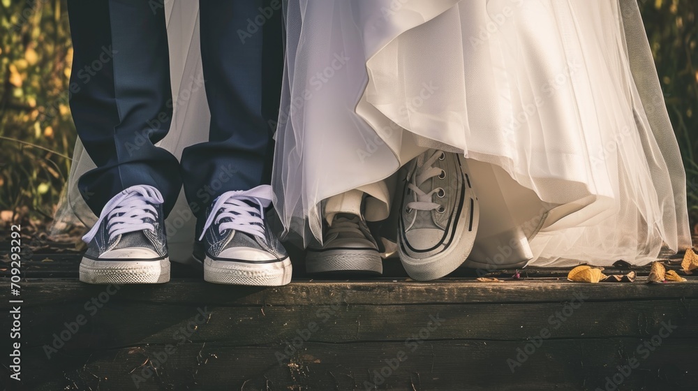 Wedding couple's feet with bride in white dress and groom in blue suit ...