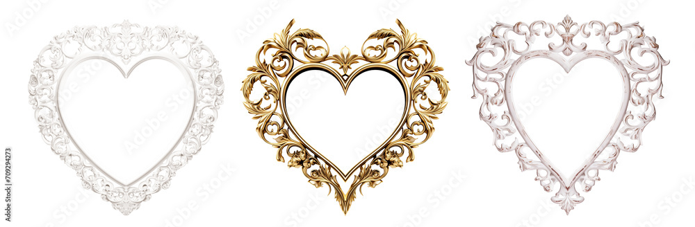 Vintage heart shaped frame, set of beautiful frames Isolated cutout on ...