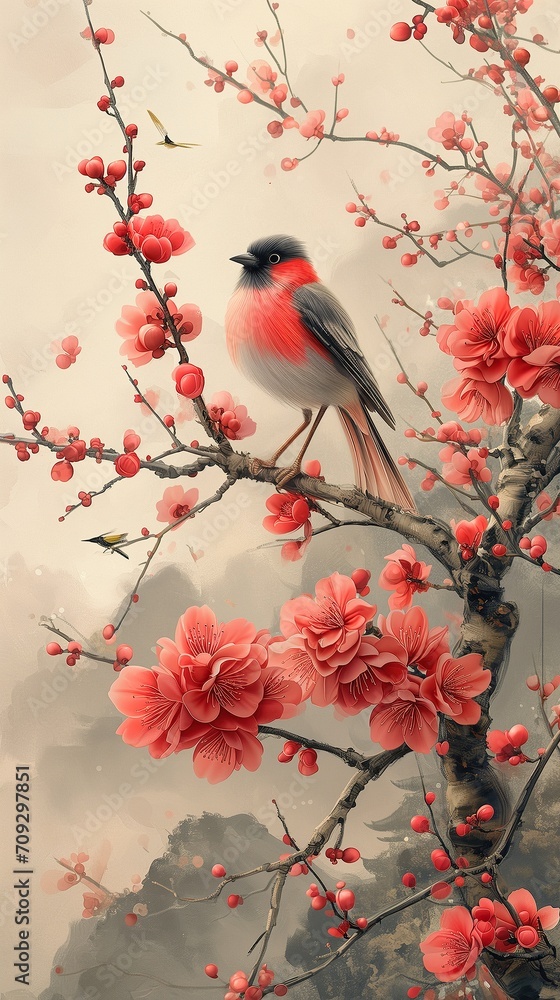 The plum tree has a delicate magpie, many blooming plum blossoms ...