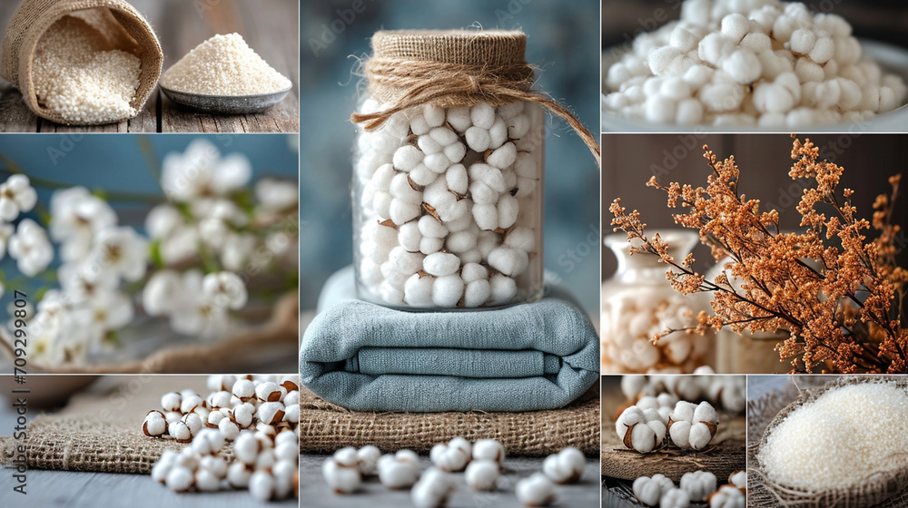 A collage of images portraying the various uses of cotton, from ...