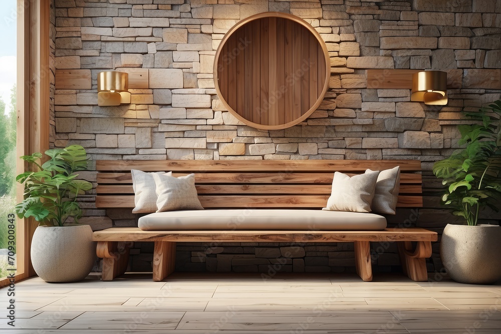 Wooden rustic bench near the wild stone cladding wall facing the window ...