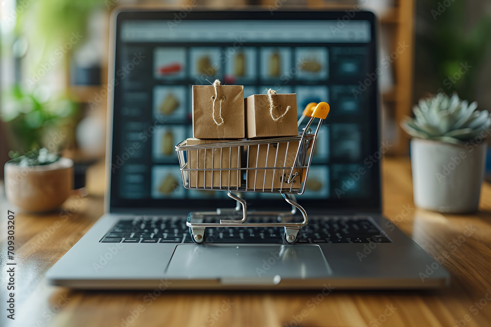 Product package boxes and shopping bag in cart with laptop computer ...