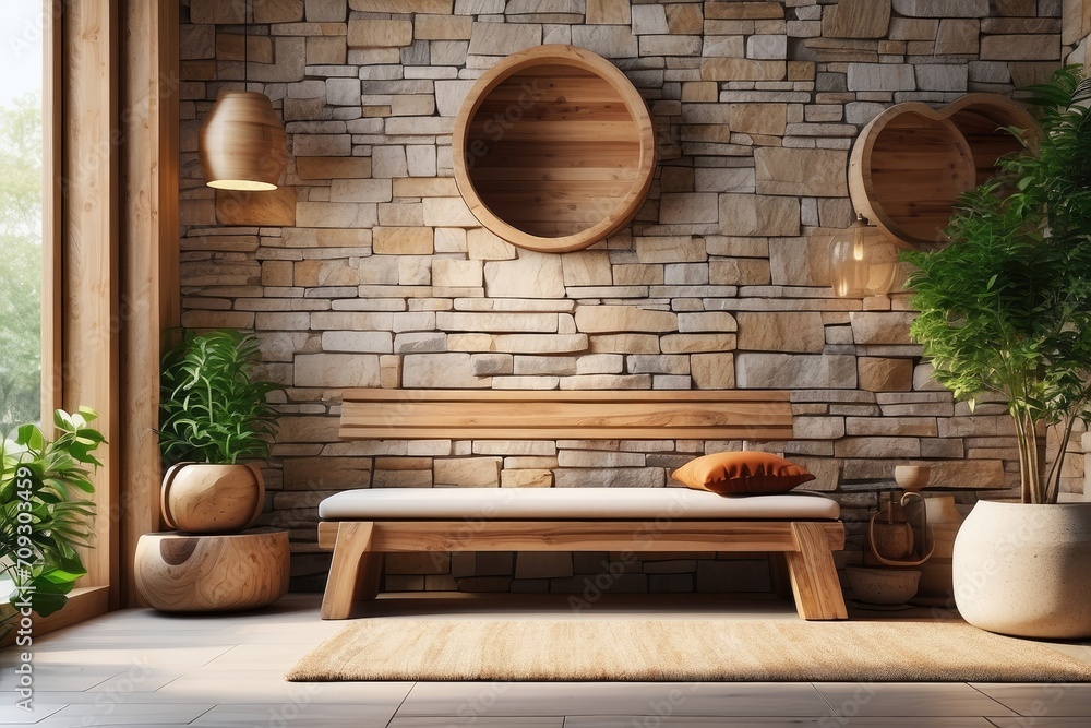 Wooden rustic bench near the wild stone cladding wall facing the window ...