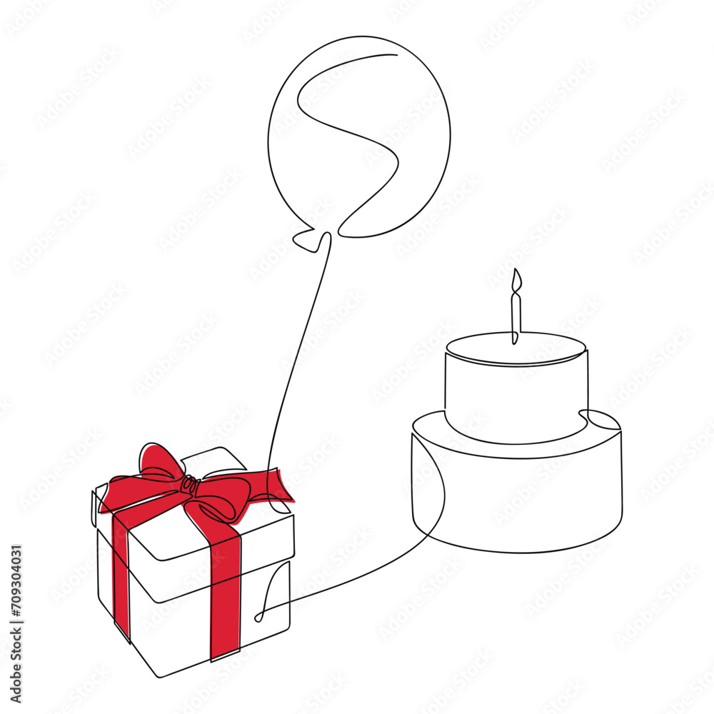 Red gift box, birthday layer cake with candle, air balloon vector. One ...
