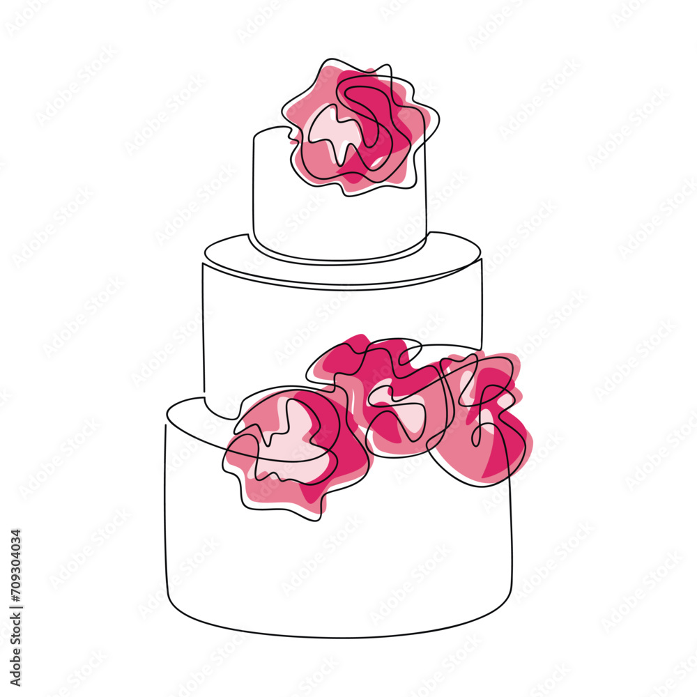 Wedding layer cake with pink flowers vector. One line continuous ...