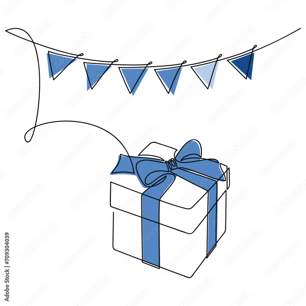 Blue gift box with festive garland flags vector. One line continuous ...