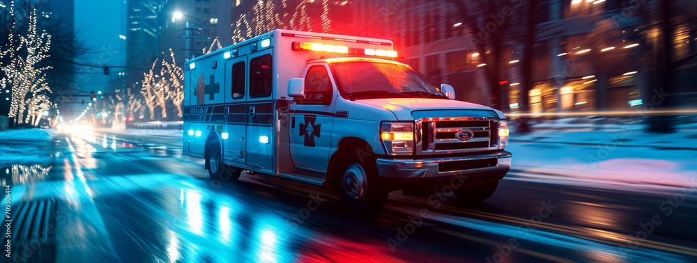 Ambulance Van on a wide city street. Emergency vehicle with warning ...