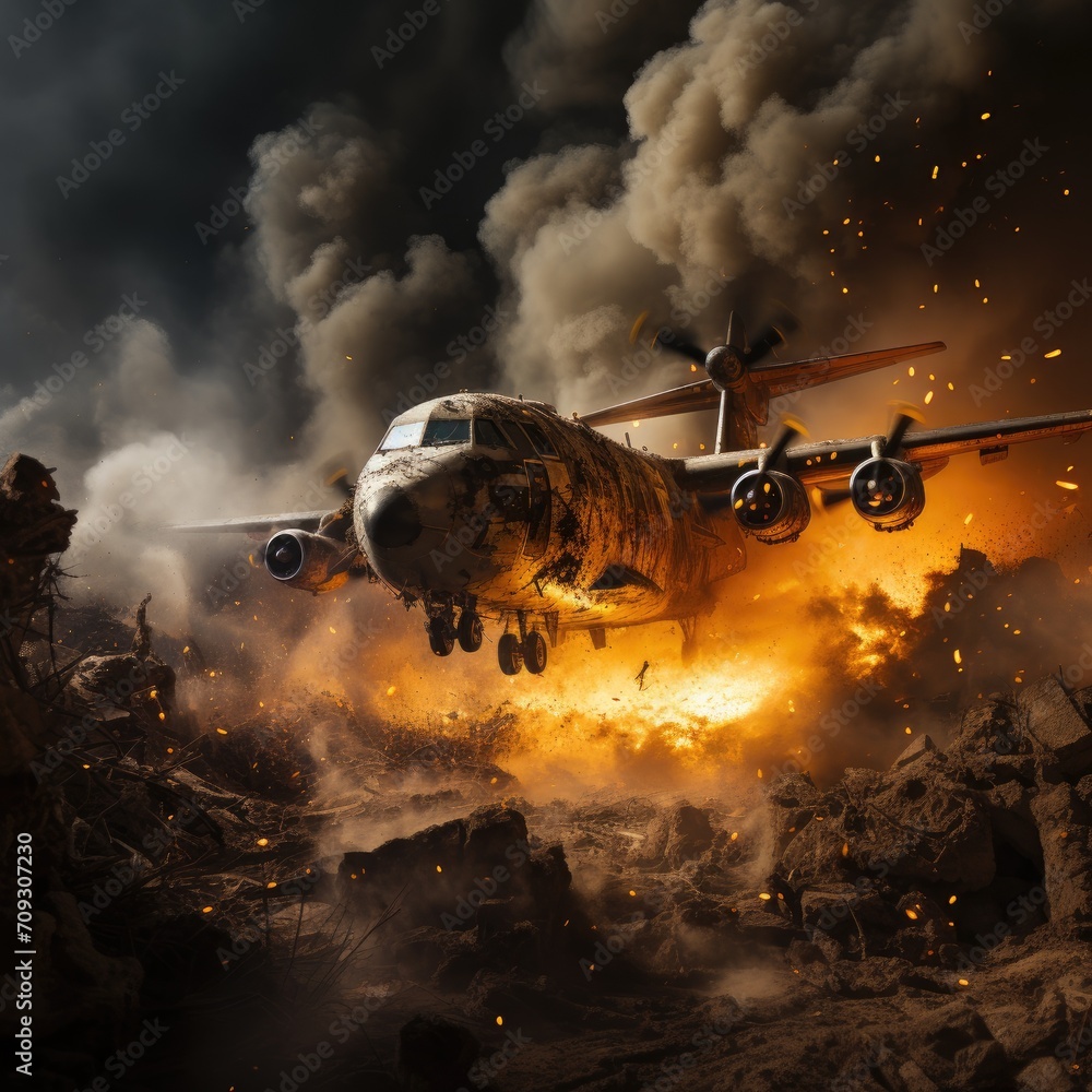 Plane crash. Military plane crash. The plane is on fire and smoke ...