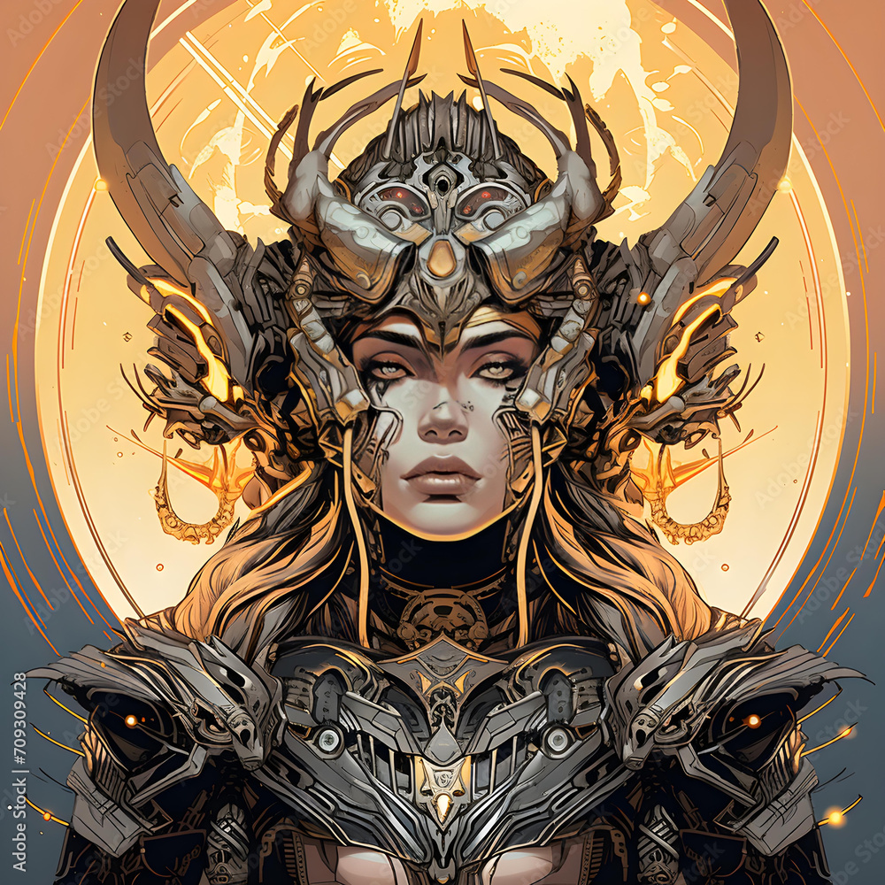 futuristic Valkyrie warrior queen drawn in Illustrative comic style ...