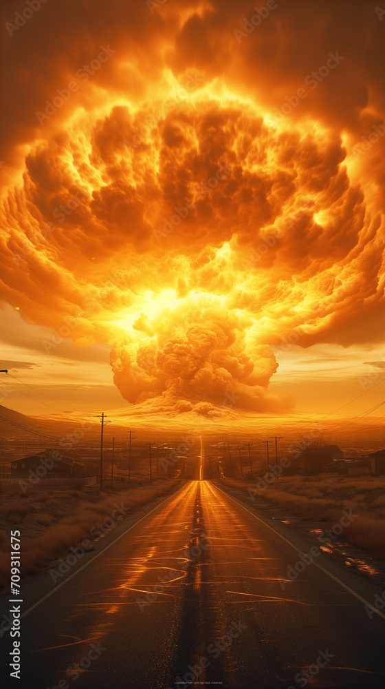 Asphalt road goes to a nuclear explosion. Terrible atomic explosion of ...