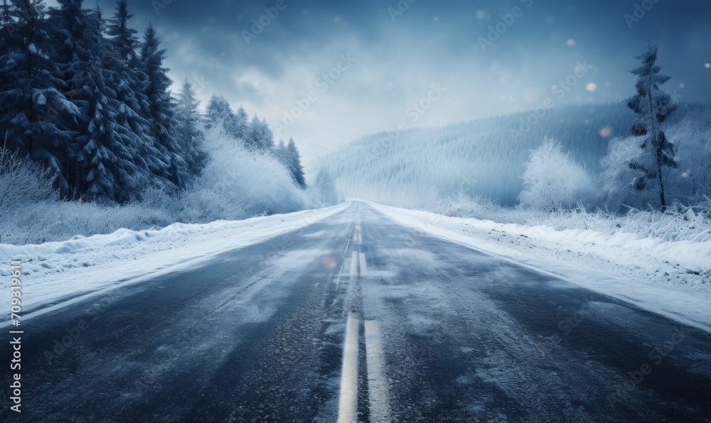 highway in bad weather, frozen, snowy and slippery road illustrates the ...