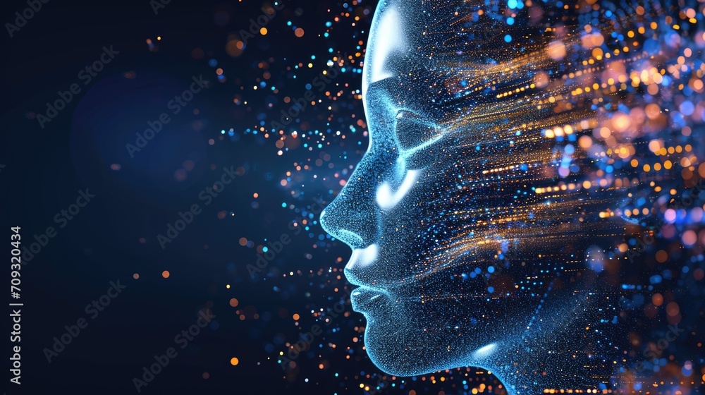 The side profile of a digital human head made of circuitry, against a dark background with ...