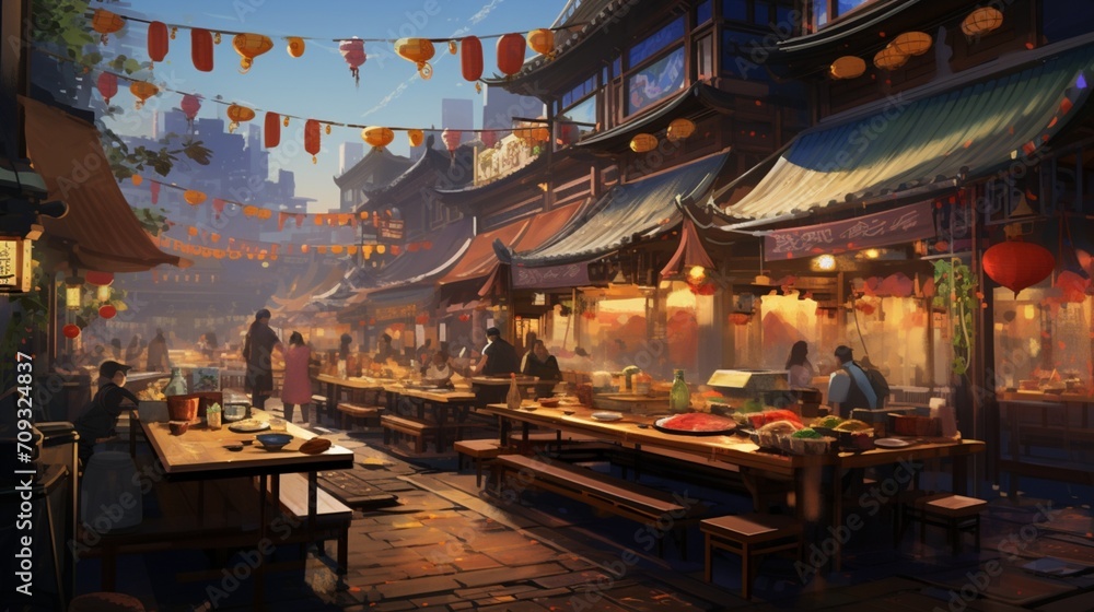 A modern Asian street food market kitchen with bustling stalls, vibrant ...