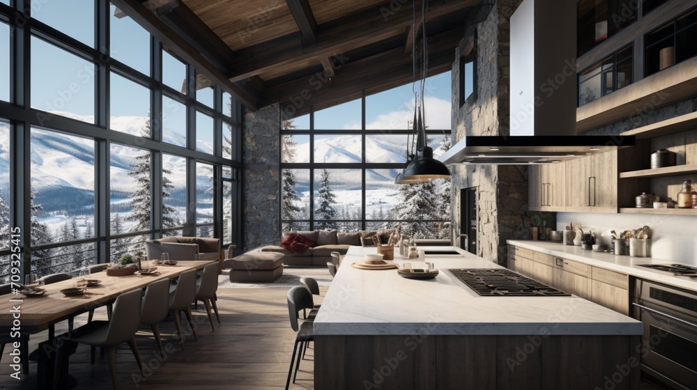 A modern mountain cabin kitchen with stone accents, reclaimed wood, and ...