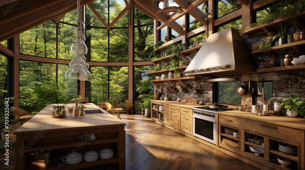 A modern treehouse kitchen with wooden beams, large windows, and a ...