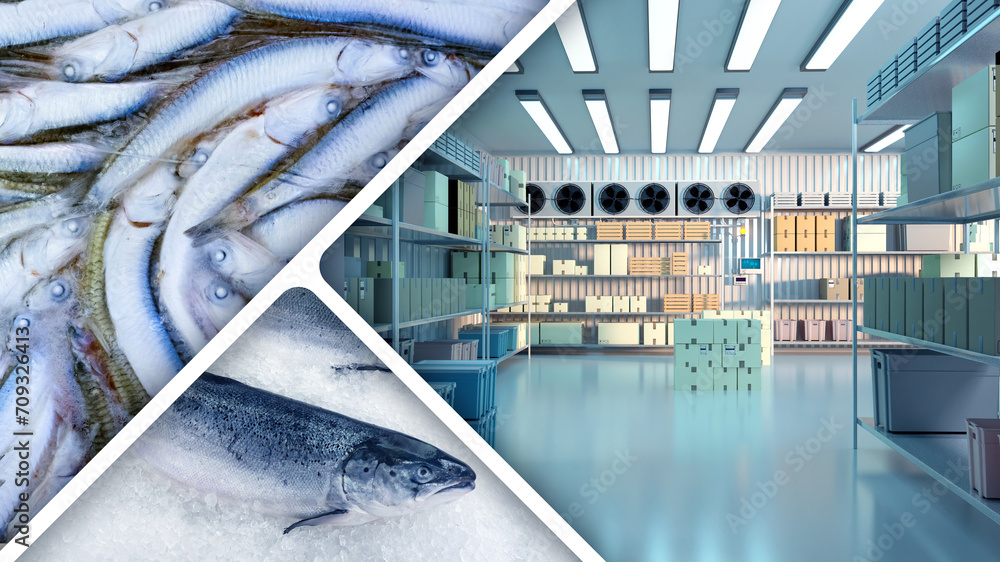 Refrigerator with frozen fish. Industrial freezer warehouse. Storing ...