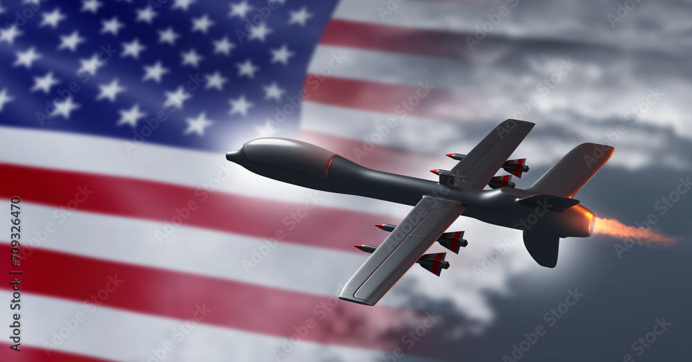 Military drone with US flag. UAV is flying in sky. American drone with ...