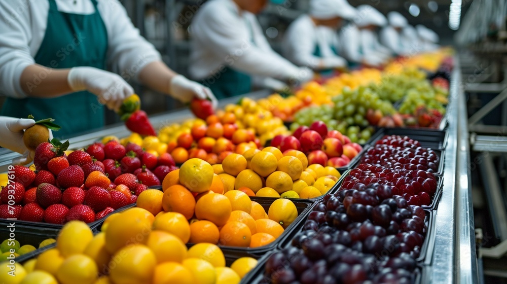 Workers sorting and packaging colorful fruits in a modern food ...